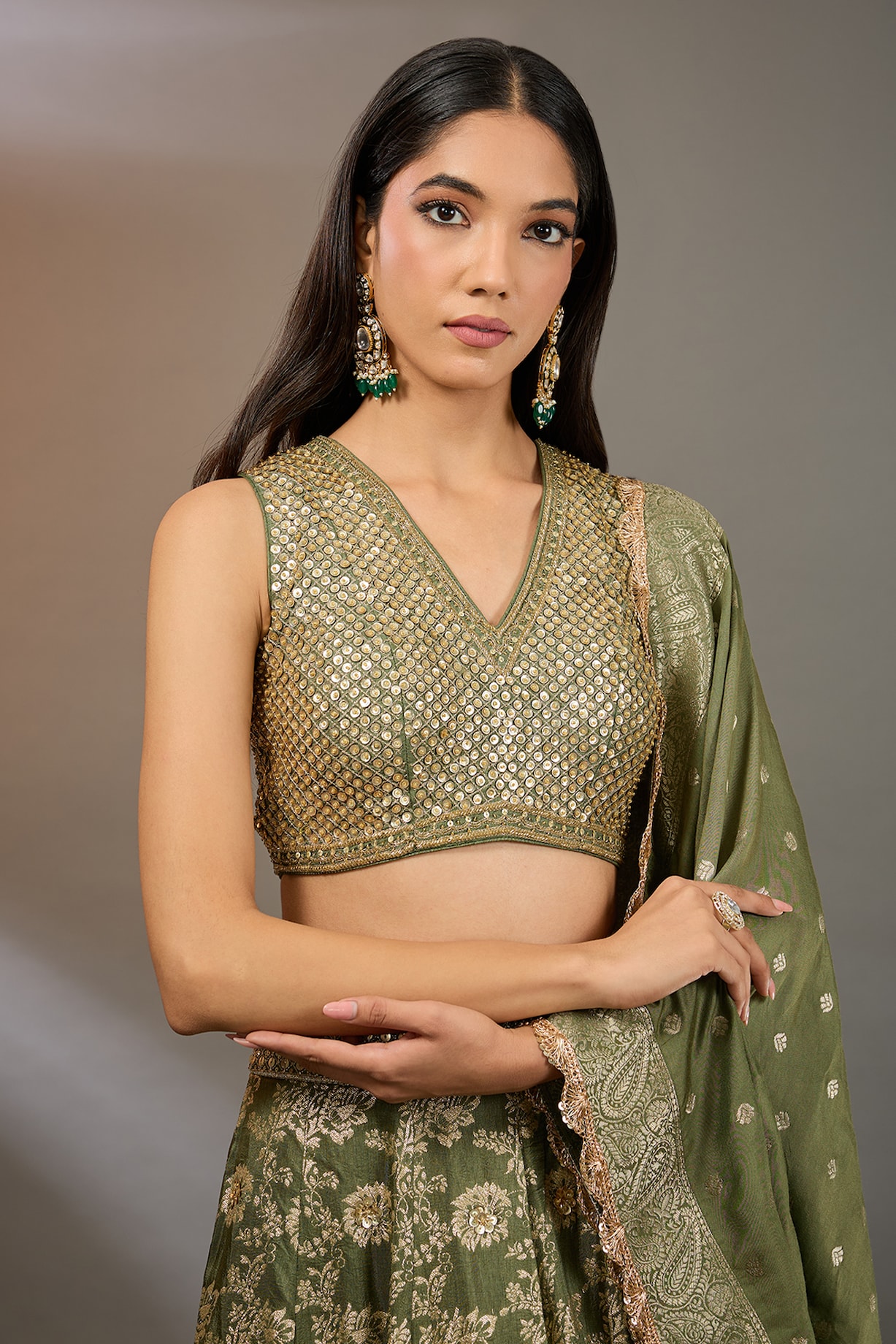 Green Pure Banarasi Hand Embroidered Wedding Lehenga Set by Neha Mehta ...