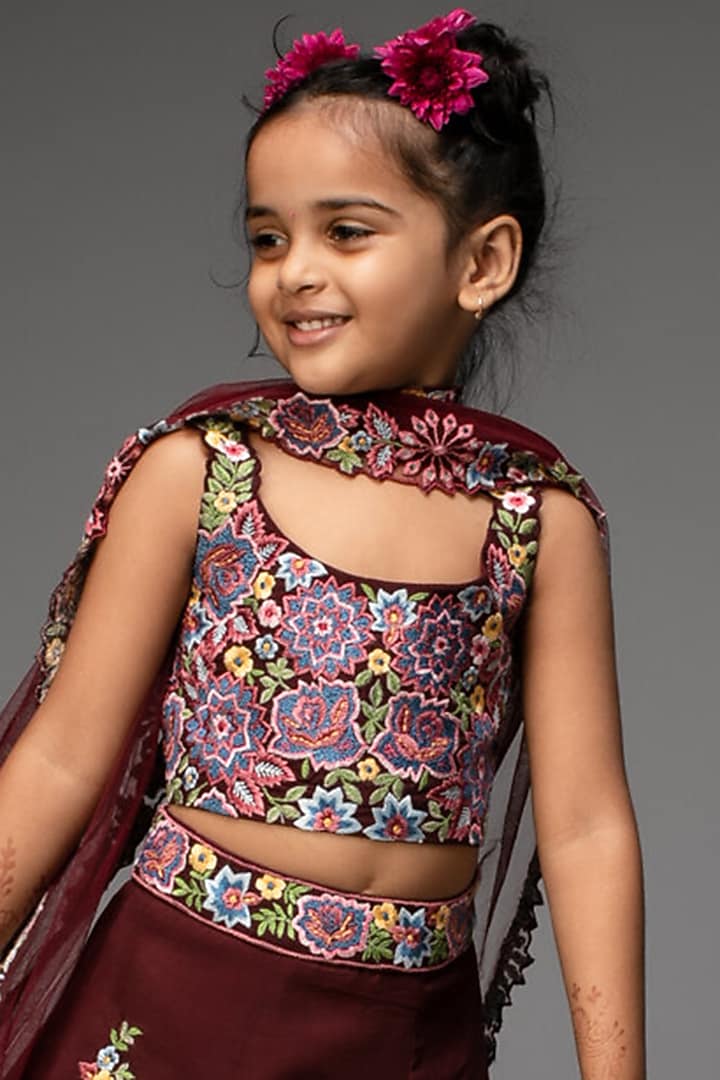 Deep Wine Embroidered Lehenga Set For Girls by Neha Gursahani Kids at ...