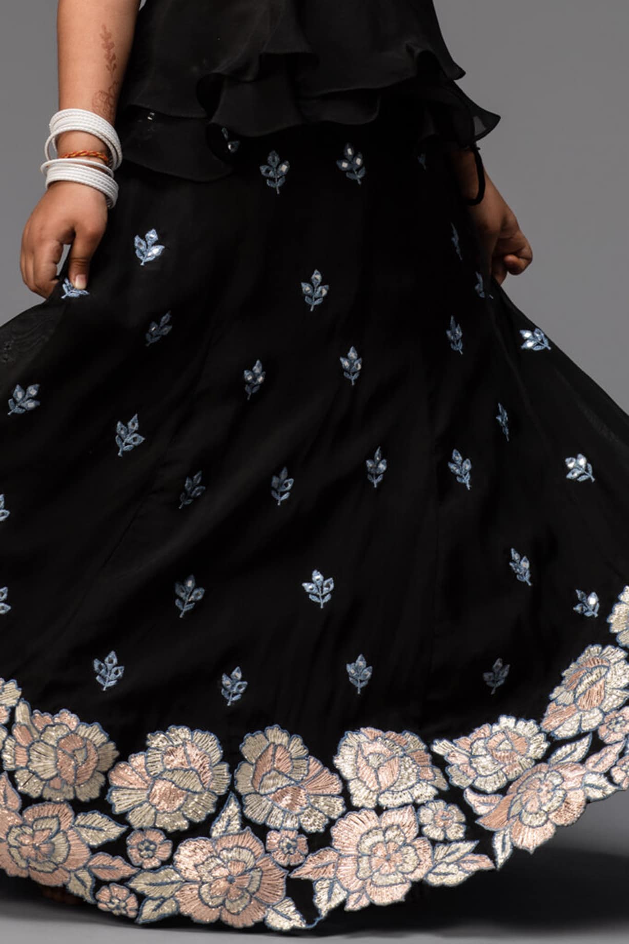 Charcoal Black Embroidered Lehenga Set For Girls by Neha Gursahani Kids ...