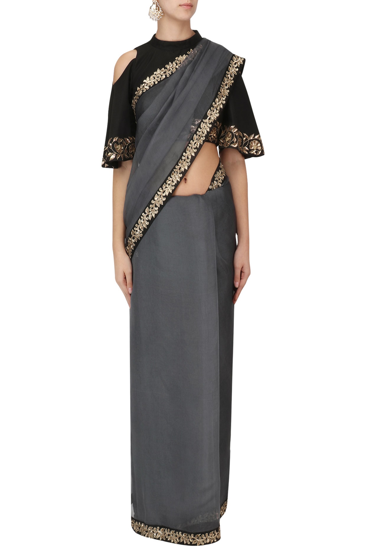 Iron grey and black embroidered saree with blouse available only at ...