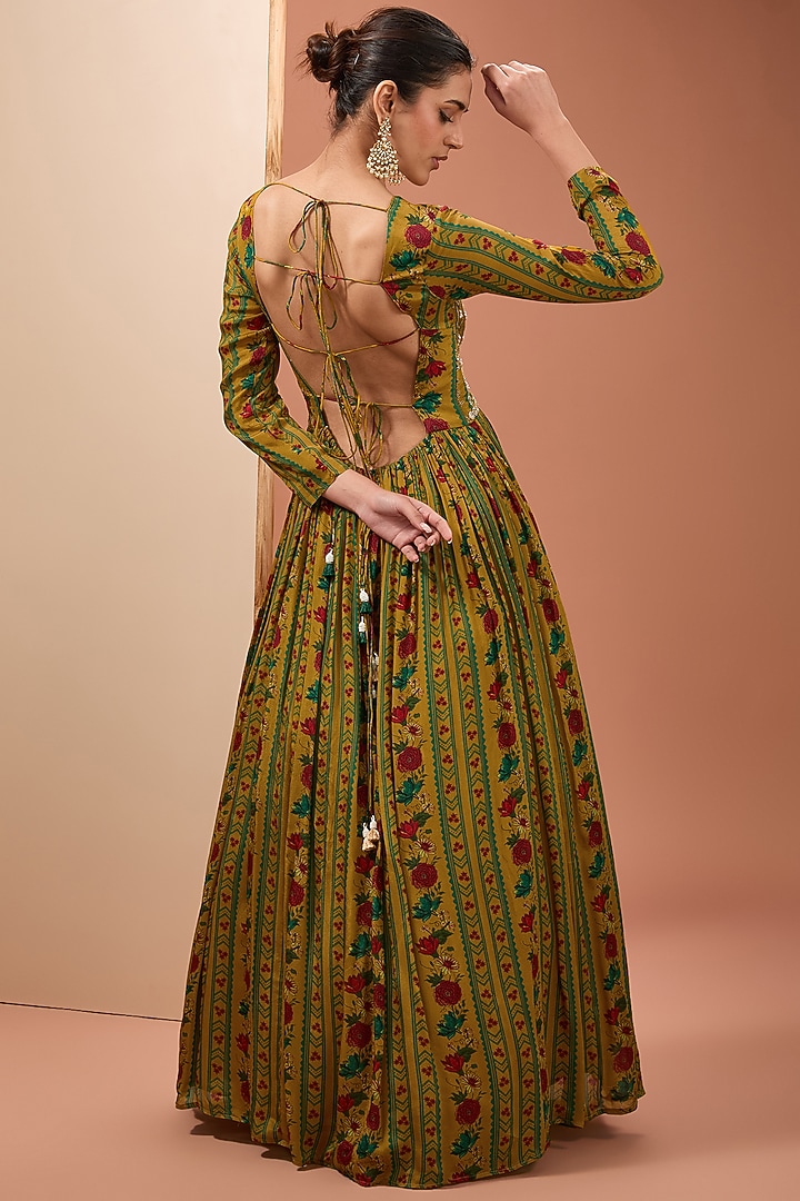Mustard Viscose Chinon Digital Printed & Sitara Embroidered Anarkali Set by Neha khullar at ...