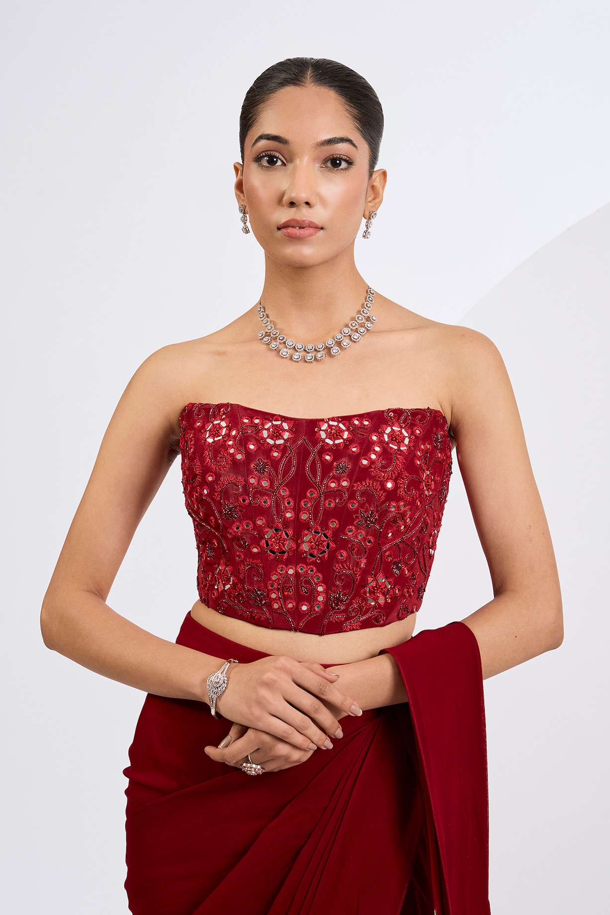 Deep Red Viscose Georgette Pre-Draped Wedding Saree Set by Neha Khullar at Pernia's Pop Up Shop 2025