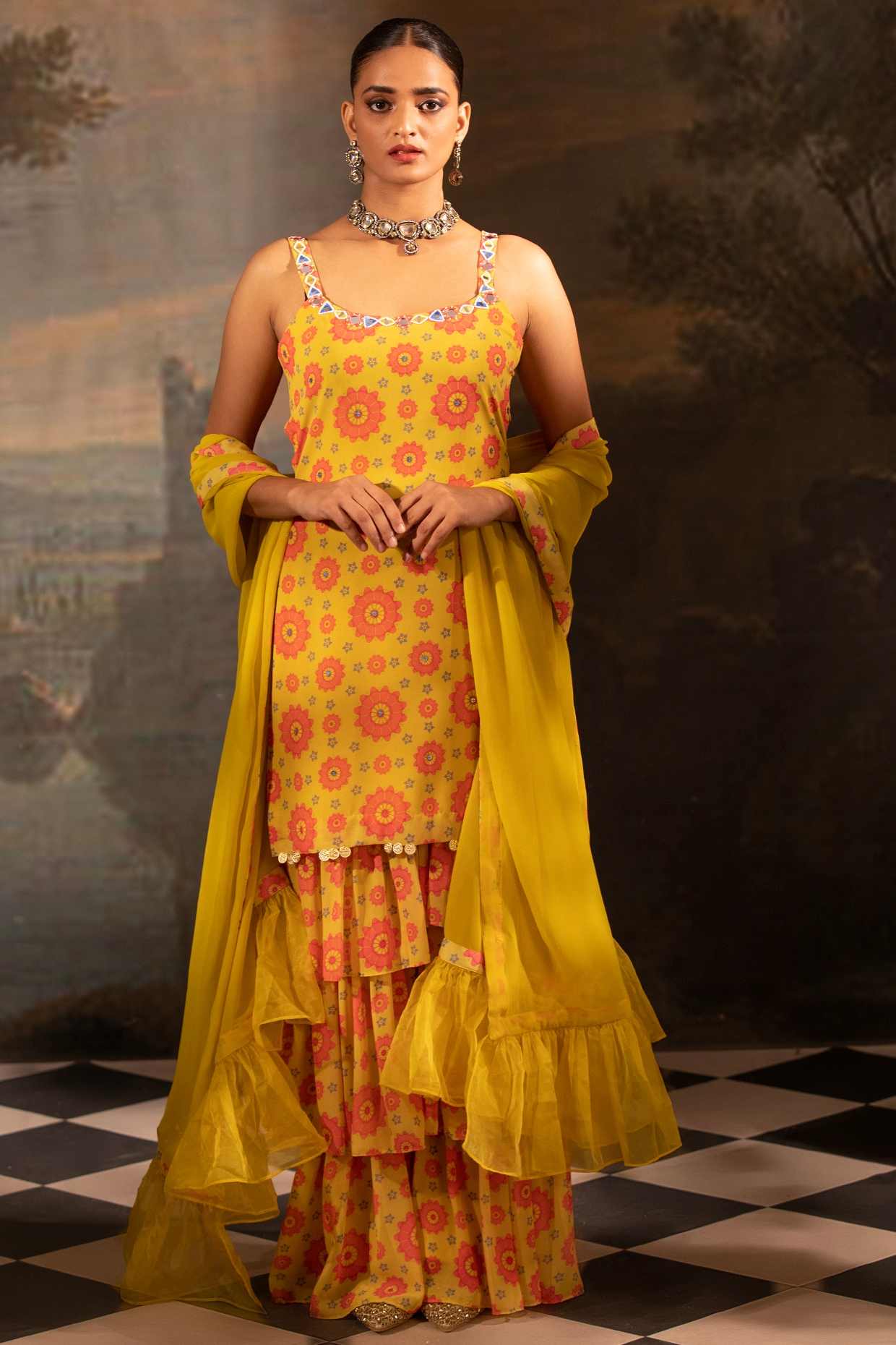 Yellow Georgette Gharara Set by Neha Khullar at Pernia's Pop Up Shop 2025
