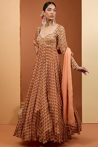 Beige Viscose Chiffon Printed & Embroidered Anarkali Set by Neha ...