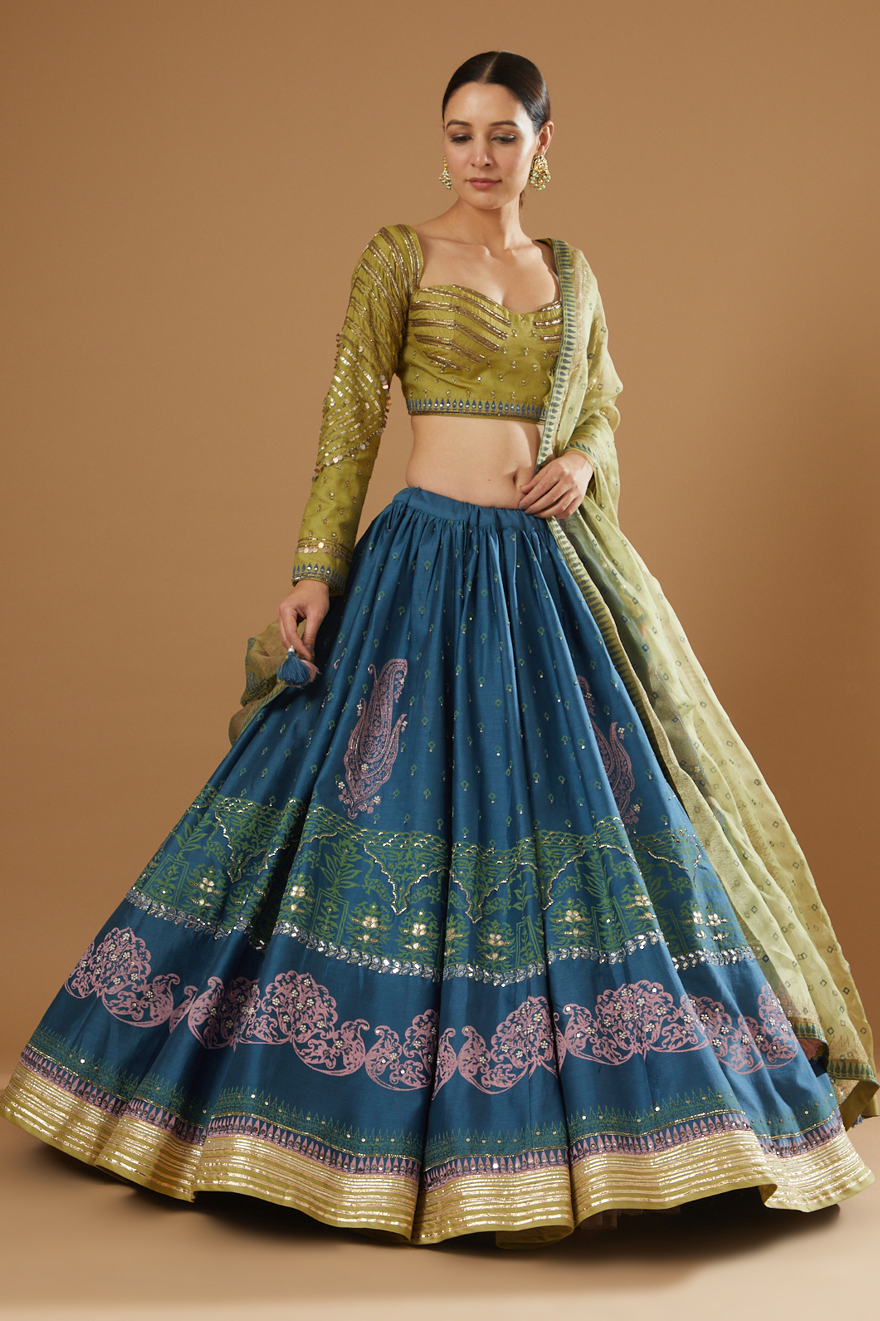 Sapphire Blue Embroidered And Printed Wedding Lehenga Set By Neha And Tarun
