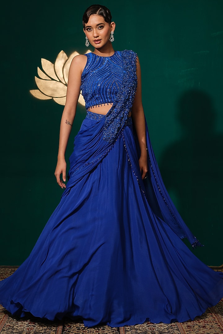 Royal Blue Chinon Bead Embroidered Pre-Stitched Wedding Saree Set by Niloufer by Aasif Ally at ...