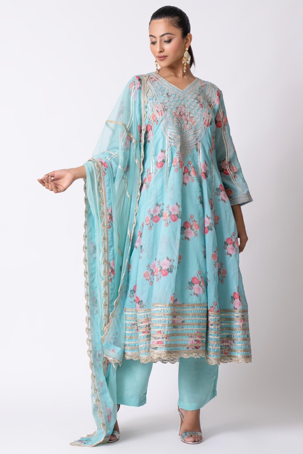 Firozi Blue Silk Chanderi Hand Block Printed Anarkali Set by Nia By ...