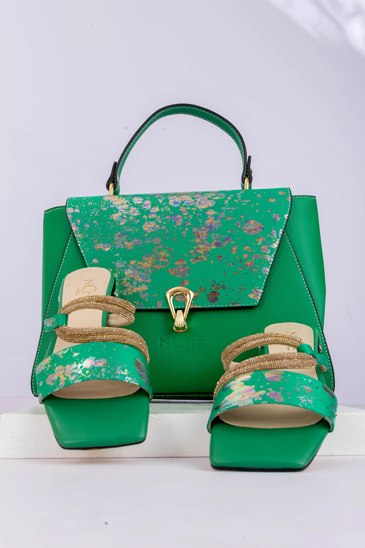 Green Art Leather Sequins Embellished Handbag With Heels by Niche Label ...