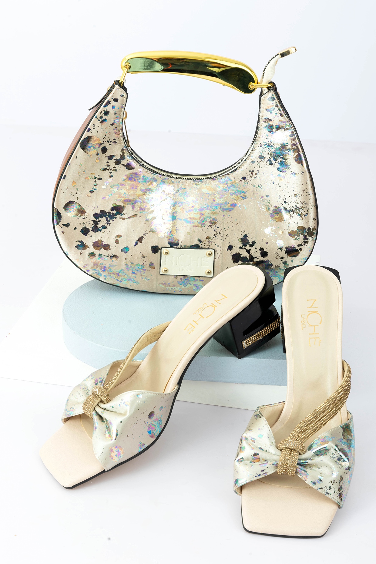 Ivory Fabric Sequins Embellished Handbag With Heels by Niche Label at ...