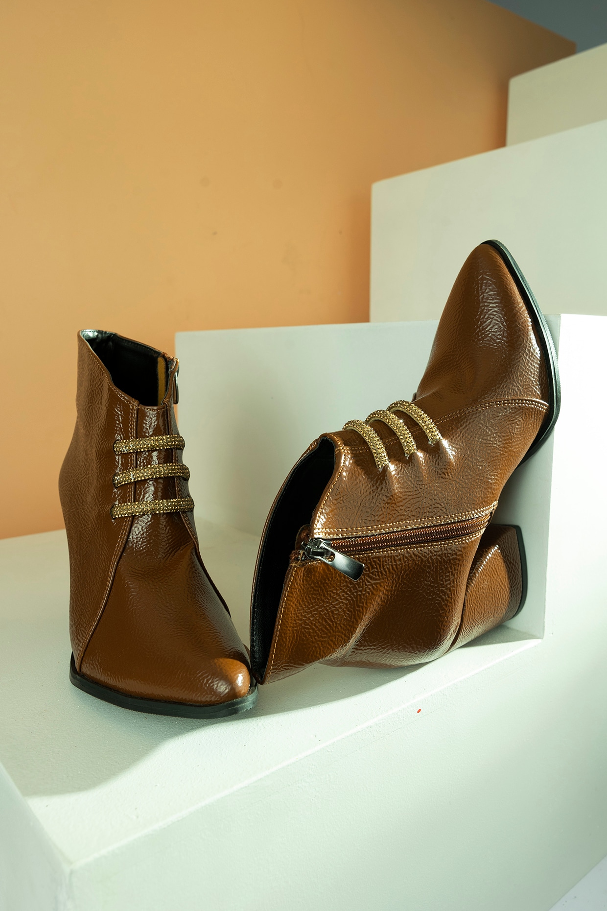 Brown Art Leather Sequins Embellished Boots by Niche Label at Pernia's ...