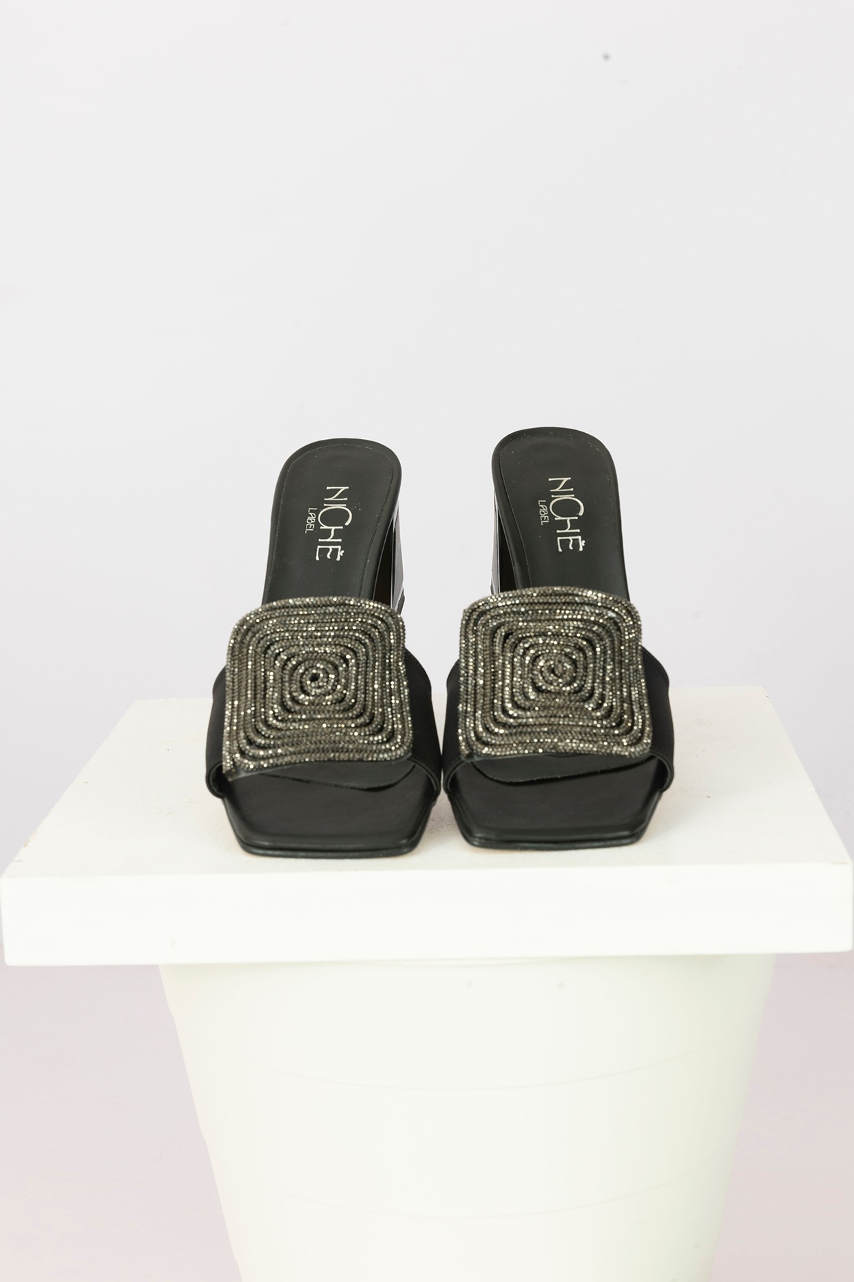 Black Art Leather Rhinestone Embellished Heels by Niche Label at Pernia ...