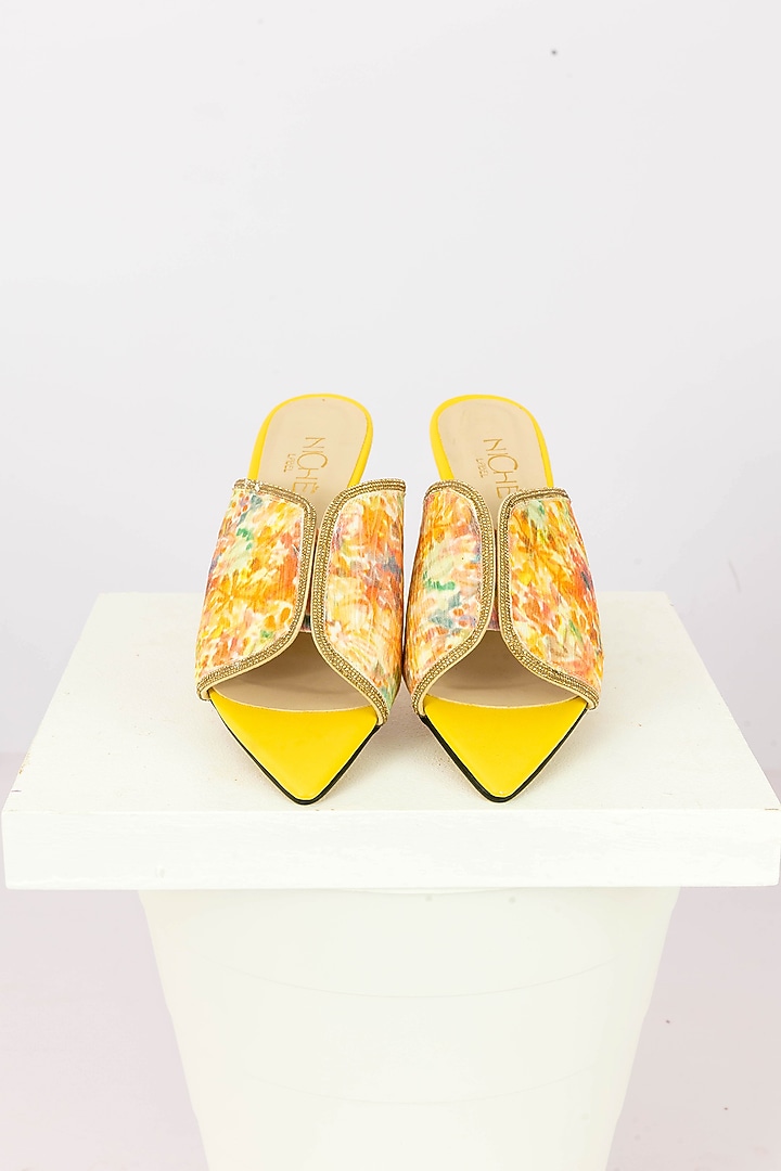 Yellow Art Leather Embellished & Floral Printed Heels by Niche Label at ...