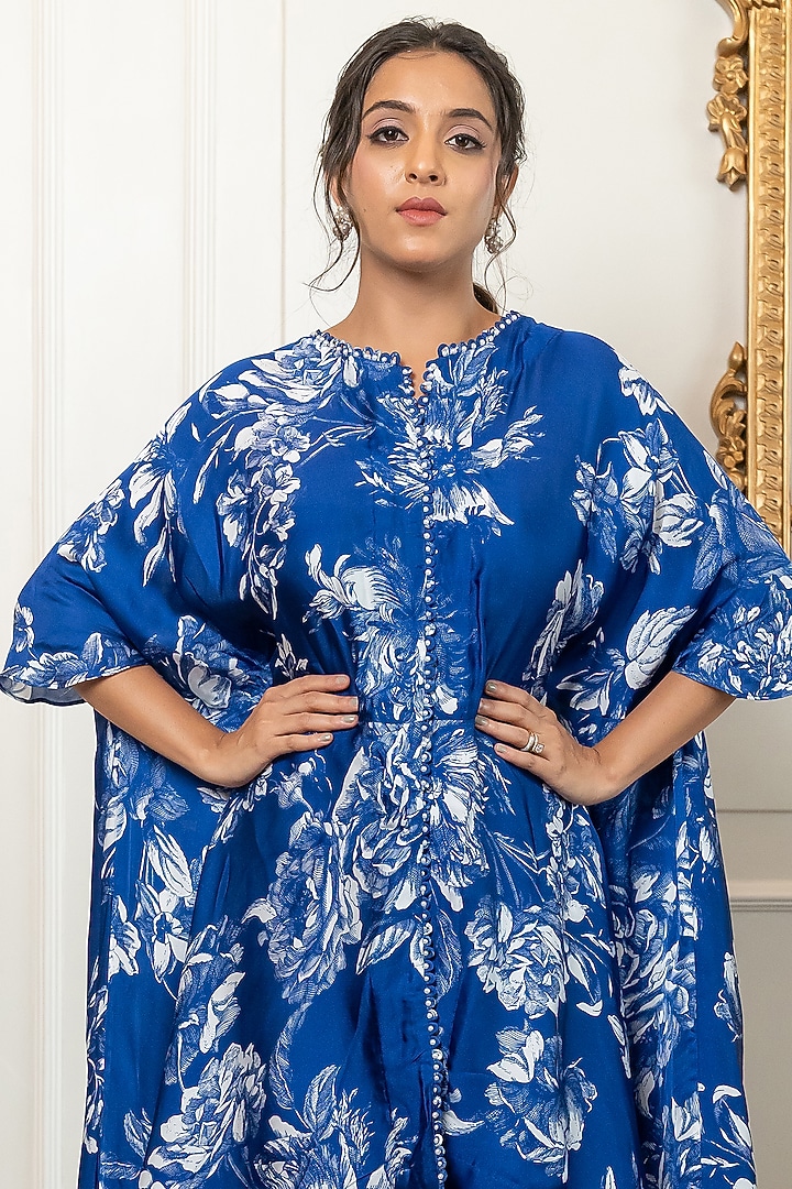 Blue Cotton Satin Asymmetrical Kaftan Set Design by Nidhi Halani at ...
