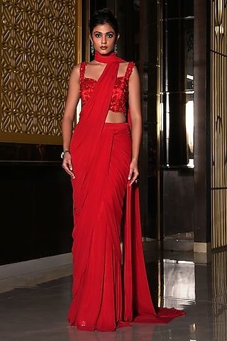 Red Lycra Cutwork Hand Embroidered Draped Wedding Saree Set by NIKUNJ ...