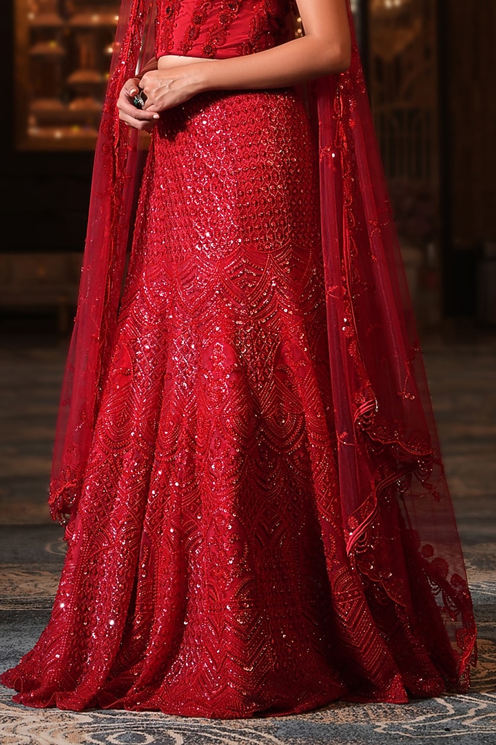 Signature Red Net Hand Embroidered Fish-Cut Wedding Lehenga Set by ...