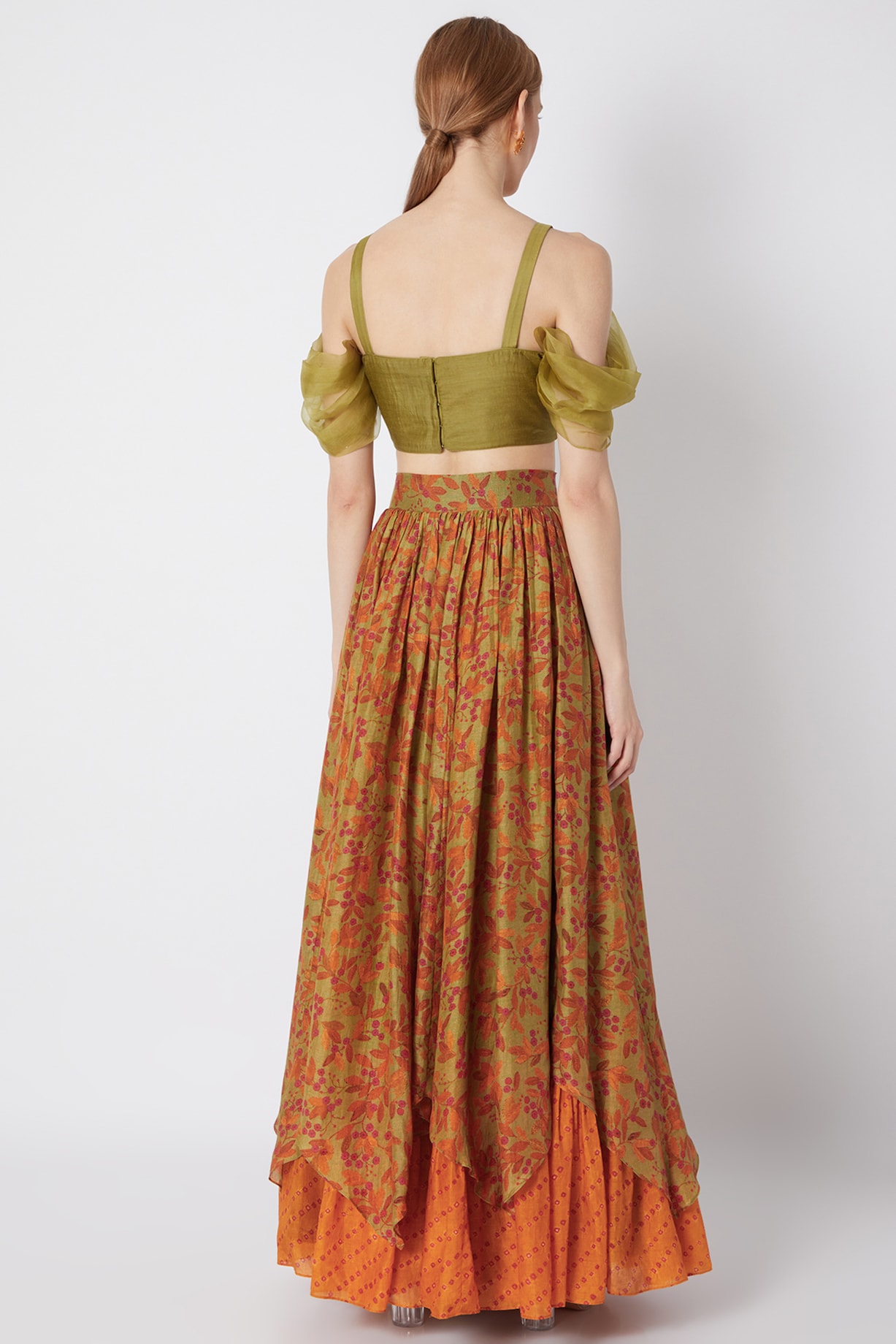 Mehendi Green Embroidered Blouse With Printed Skirt Design by NE'CHI at ...