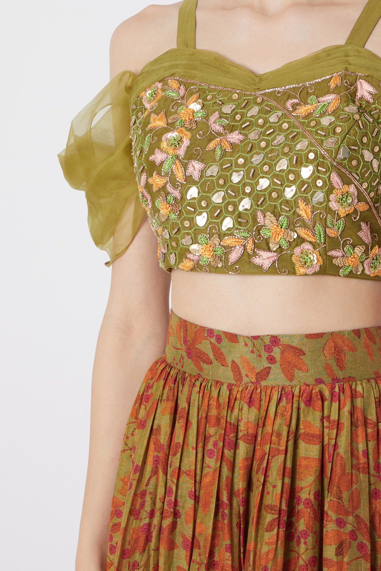 Mehendi Green Embroidered Blouse With Printed Skirt Design by NE'CHI at ...
