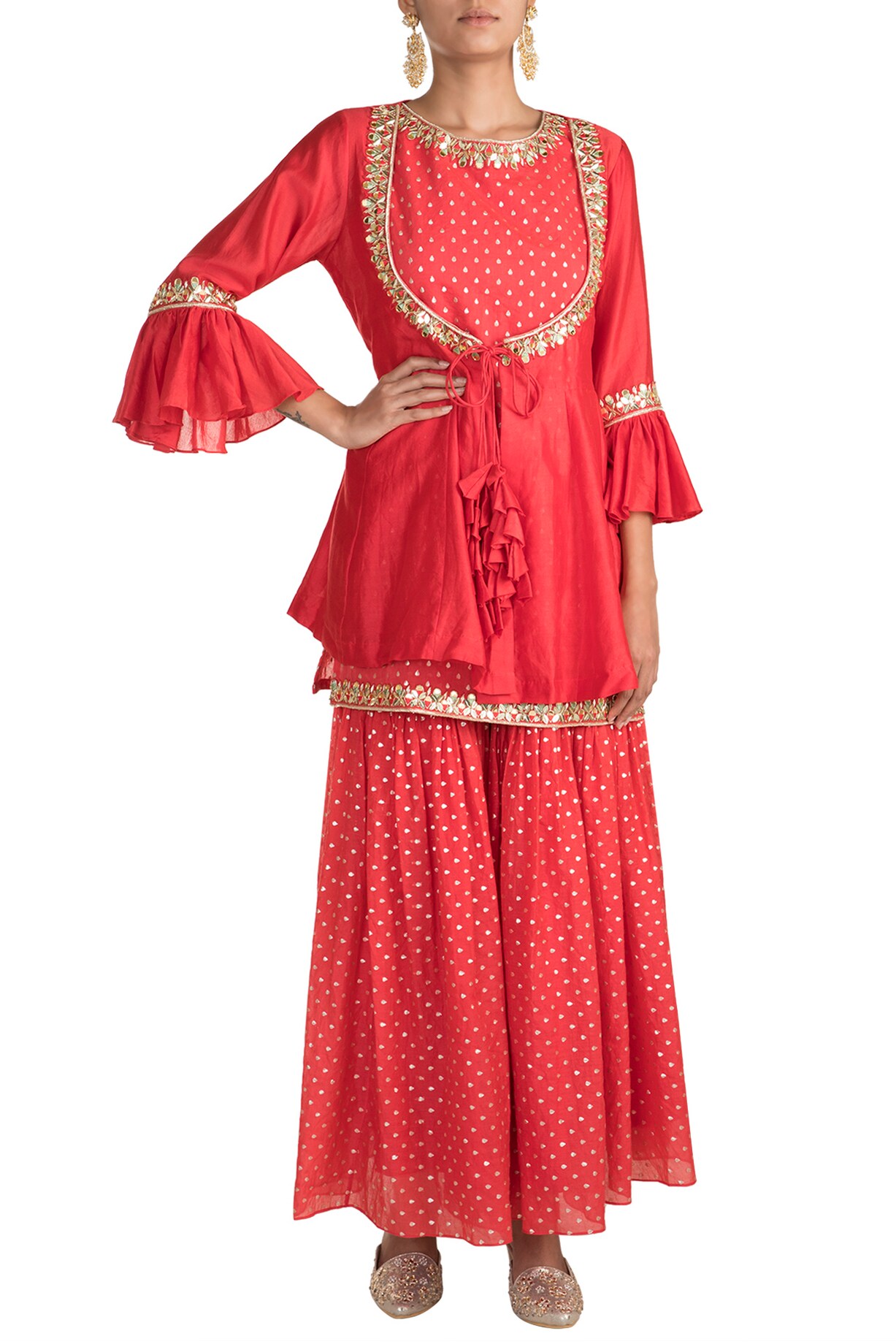Red Embroidered Kalidar Jacket With Sharara Pants & Inner by NE'CHI at ...