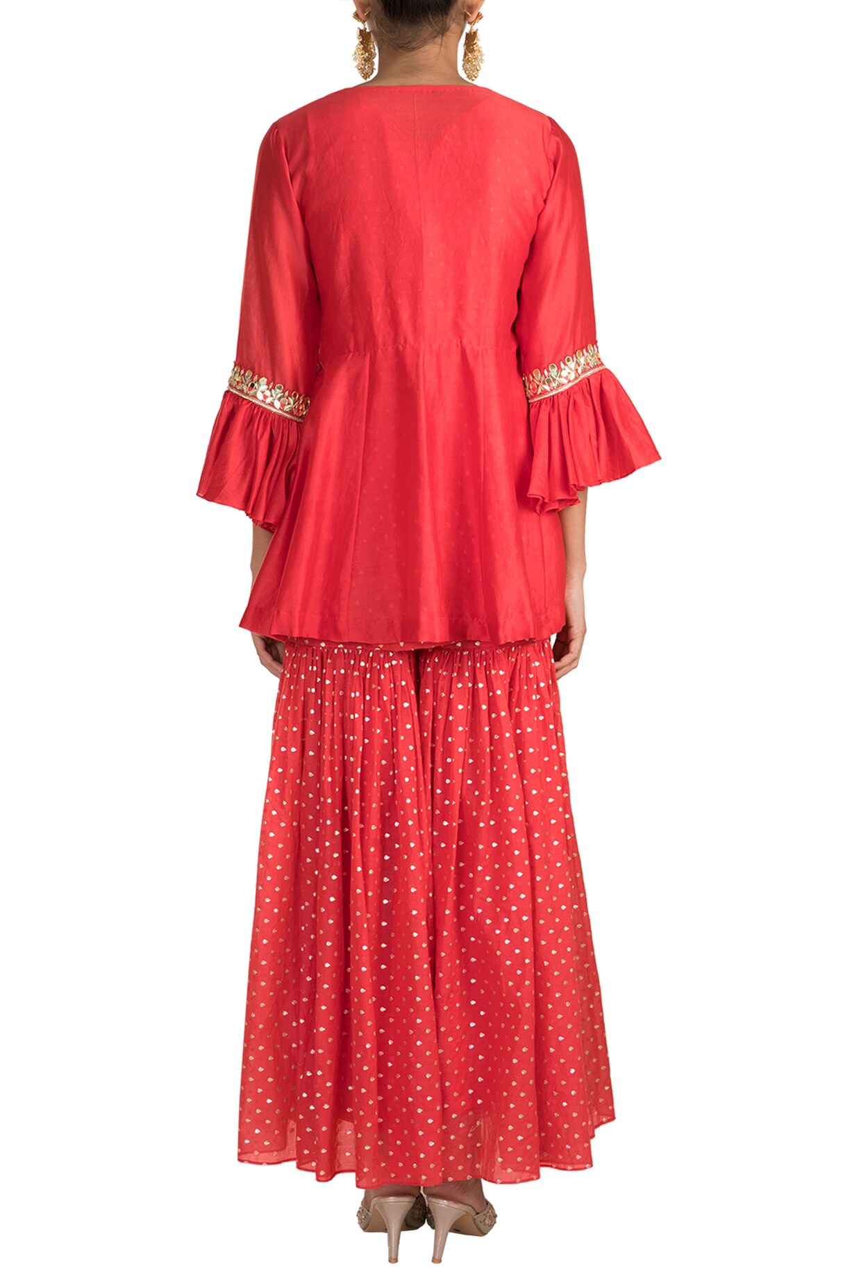 Red Embroidered Kalidar Jacket With Sharara Pants & Inner by NE'CHI at ...