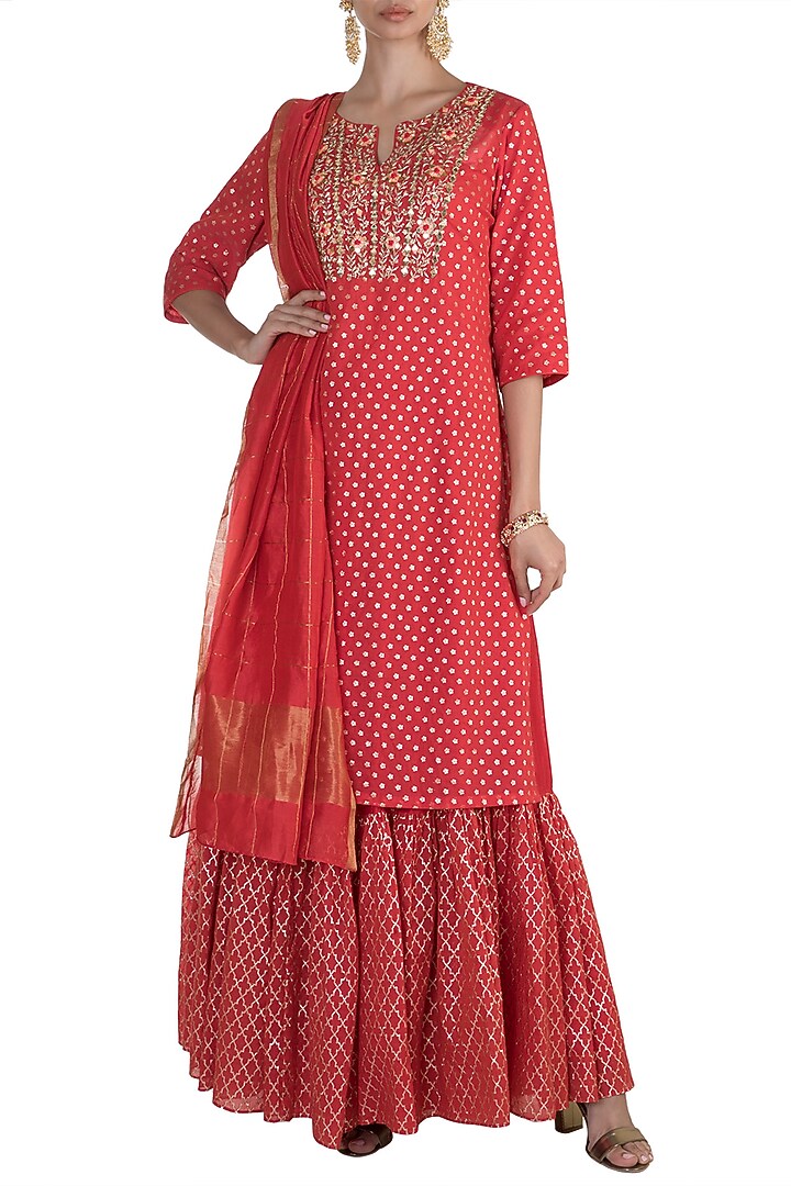 Red Embroidered Sharara Set Design by NE'CHI at Pernia's Pop Up Shop 2024