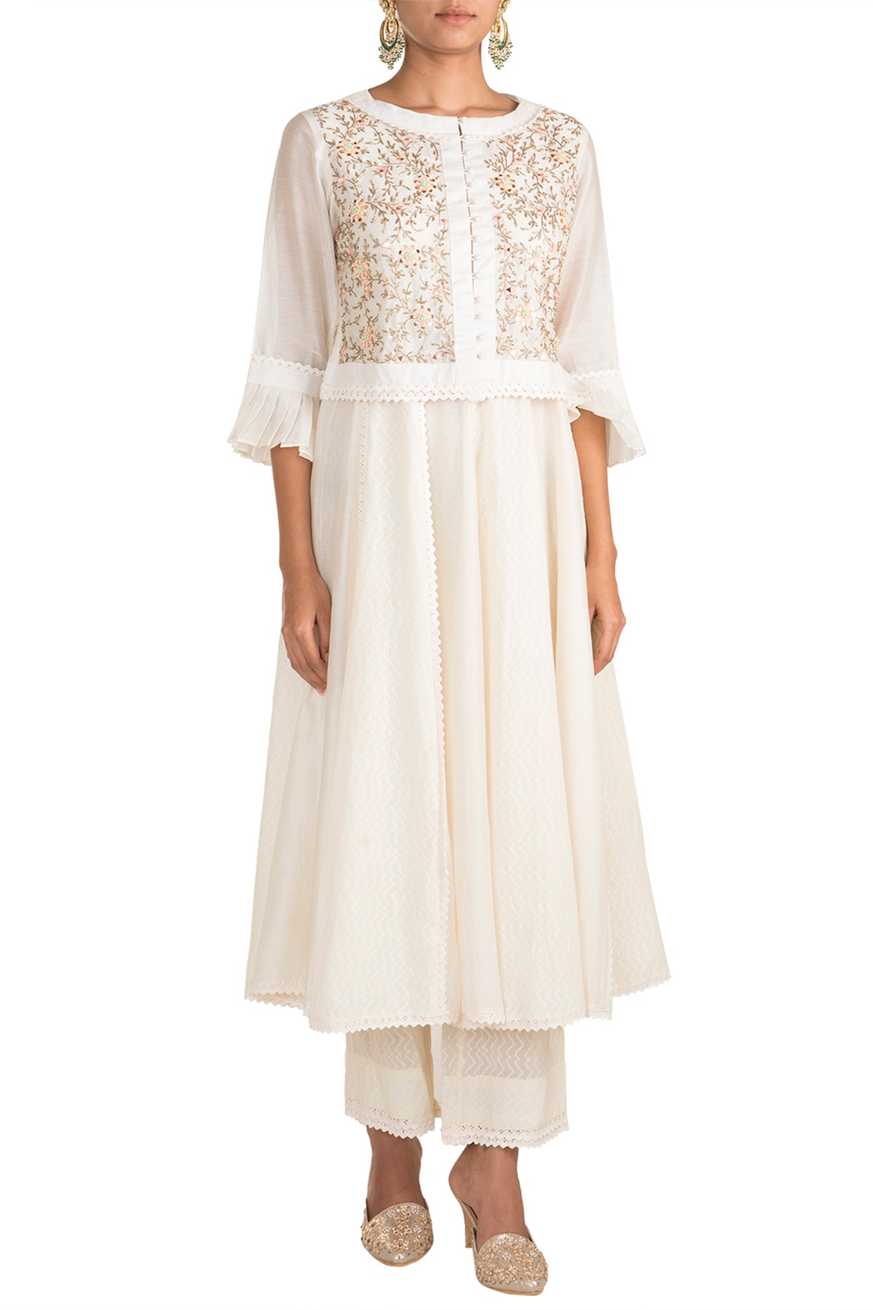 White Embroidered Kalidar Kurta With Attached Koti & Pants by NE'CHI at ...