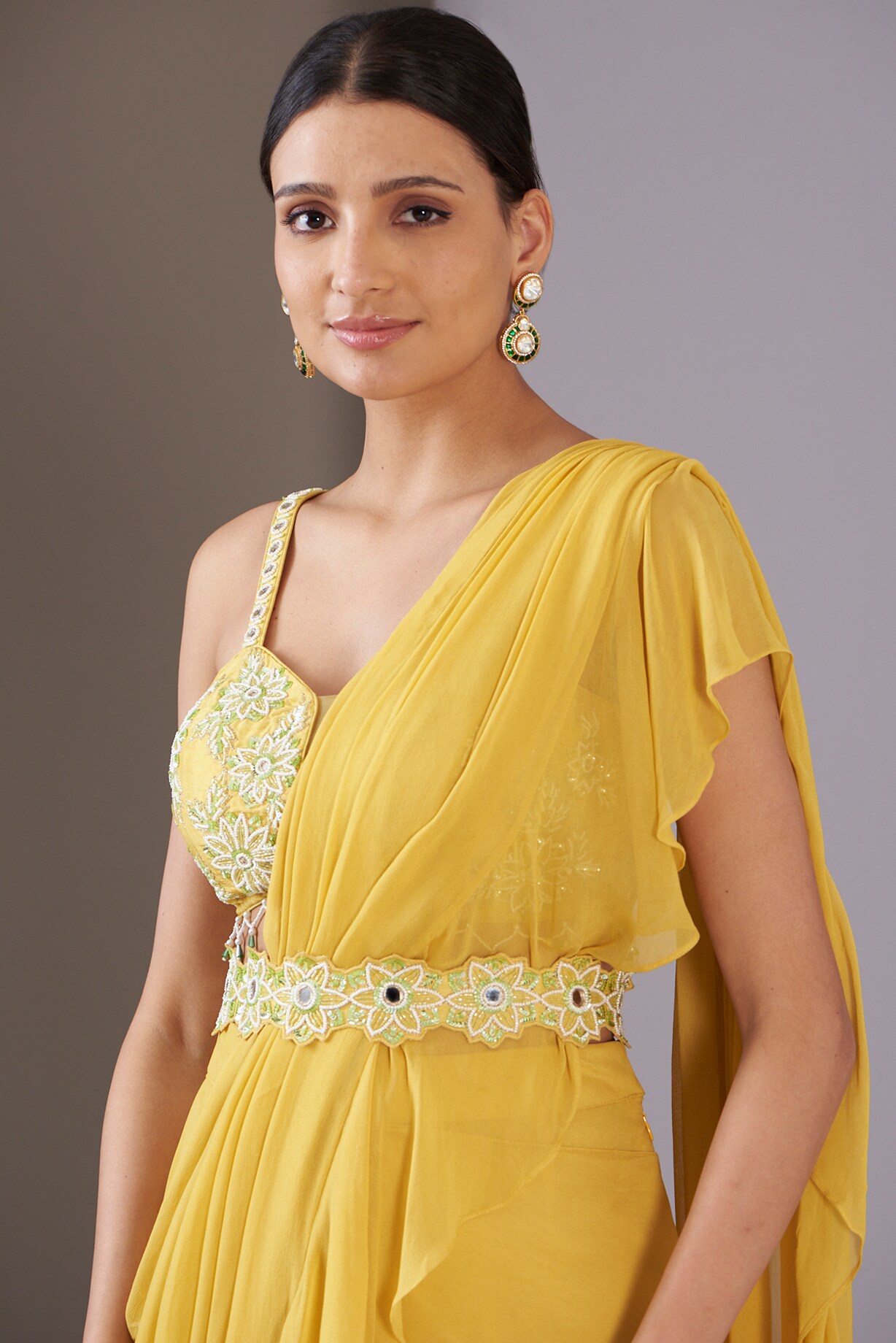 Yellow Georgette Draped Saree Set by NITISHA KASHYAP at Pernia's Pop Up Shop 2025