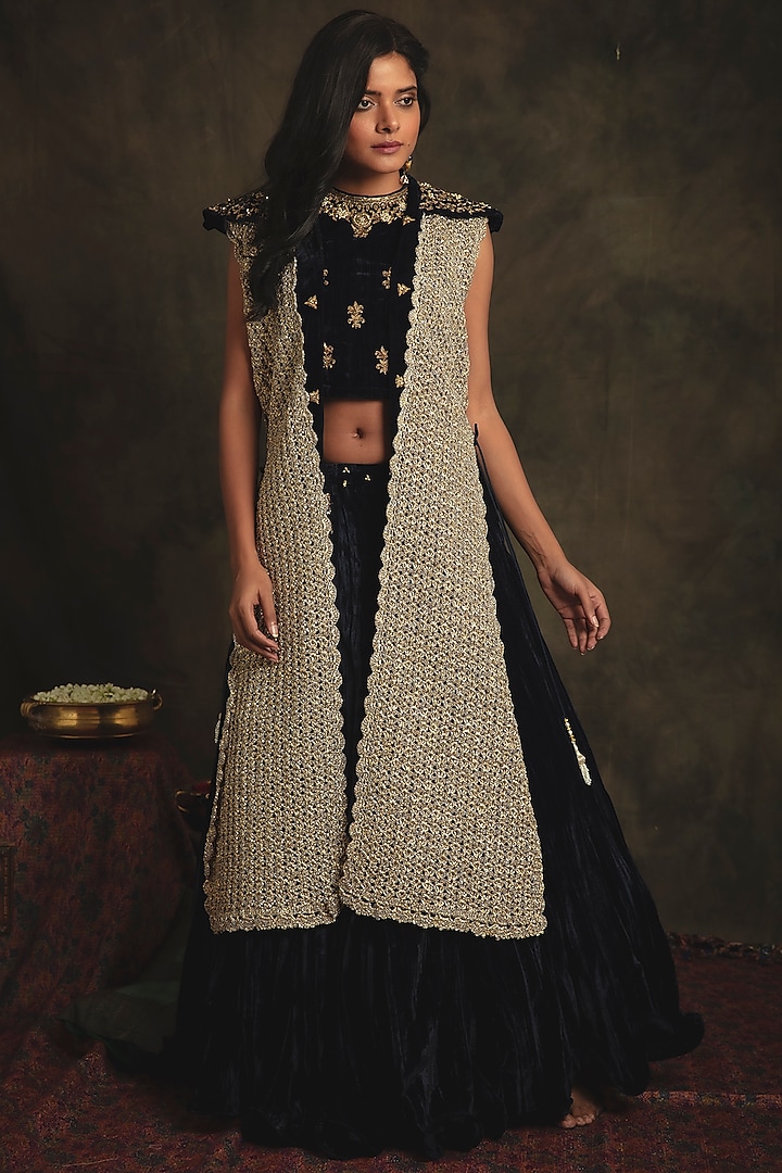 Sapphire Blue & Pearl White Hand Embroidered Jacket Lehenga Set Design ...