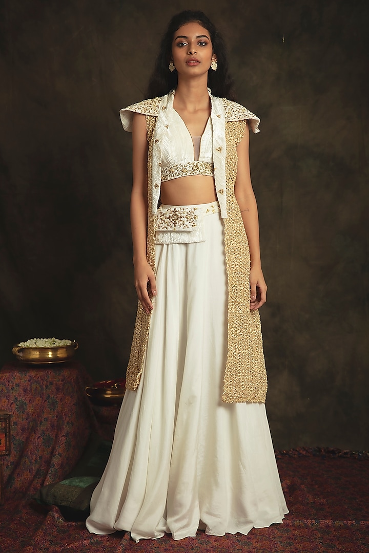 Pearl White Embroidered Jacket Lehenga Set Design by Nikita Vishakha at ...