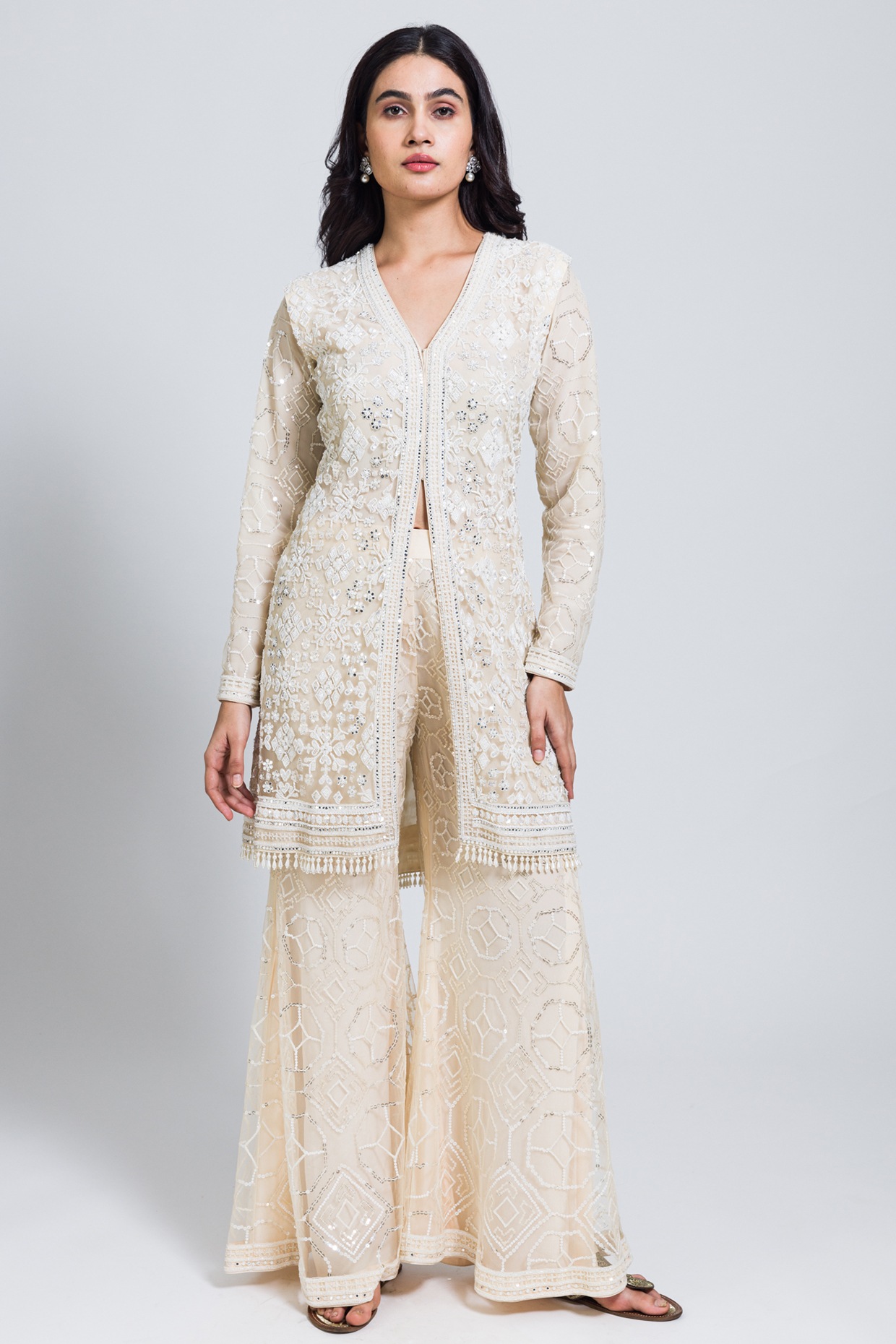 Nude Net Sequins & Moti Hand Embellished Long Jacket Set by NIMA ...