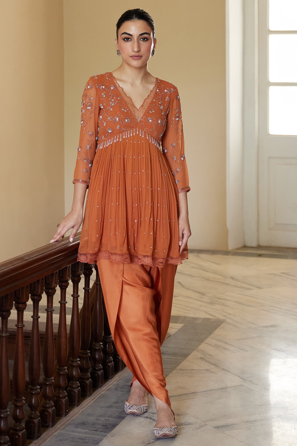 Rust Georgette Hand Embroidered Peplum Kurta Set by Label Nimbus at ...