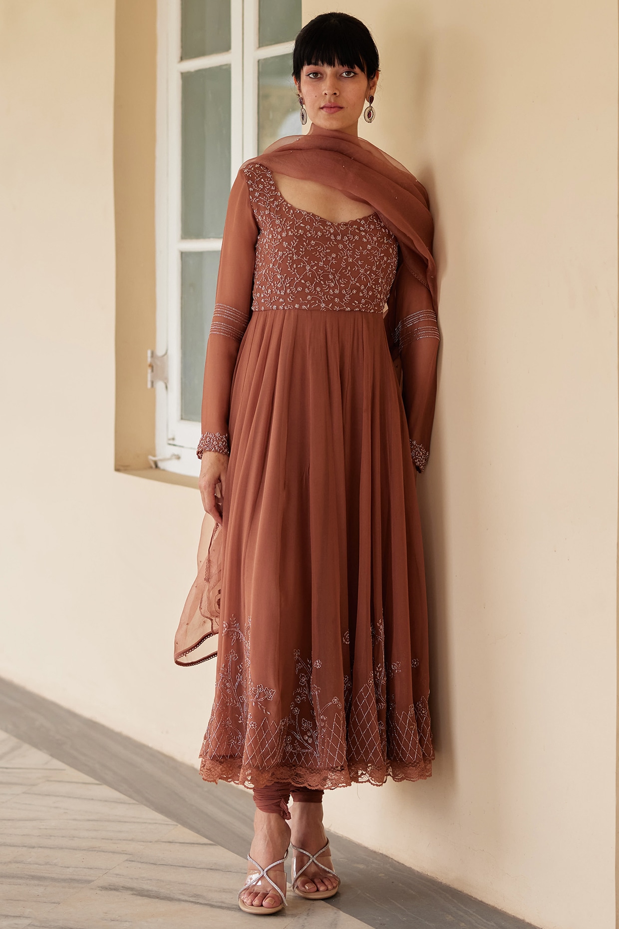 Nutmeg Georgette Hand Embroidered Anarkali Set by Label Nimbus at ...