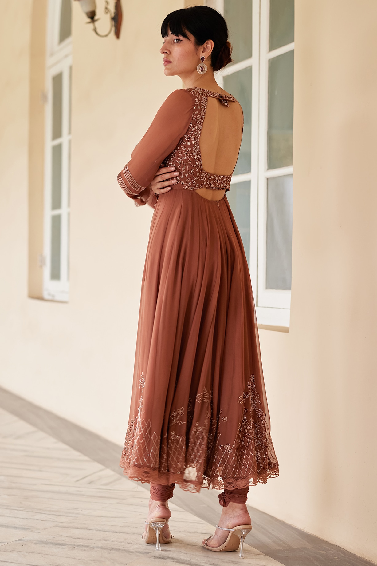 Nutmeg Georgette Hand Embroidered Anarkali Set by Label Nimbus at ...