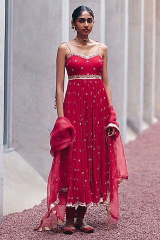 Red Chiffon Hand Embroidered Anarkali Set by Label Nimbus at Pernia's ...