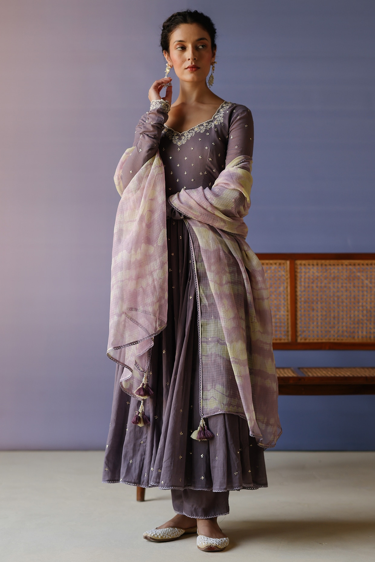 Lilac Cotton Mul Hand Embroidered Anarkali Set by Label Nimbus at ...