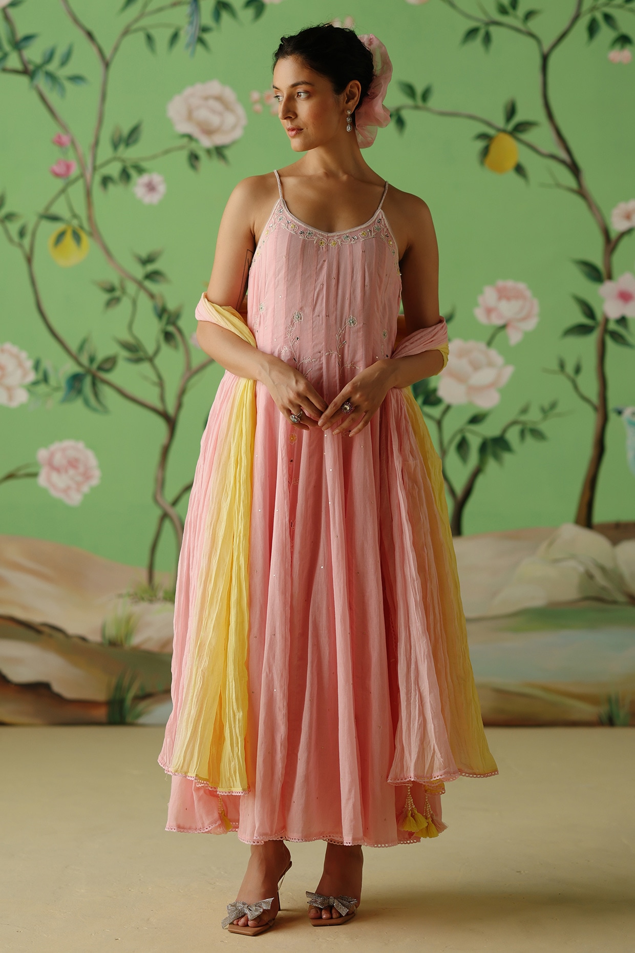 Pink Cotton Mul Hand Embroidered Anarkali Set by Label Nimbus at Pernia ...