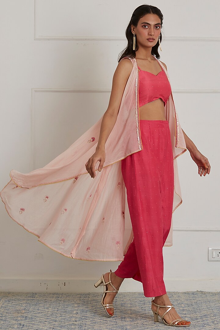 Fuchsia Pink Cotton Silk Pant Set With Embroidered Overlay by Label ...