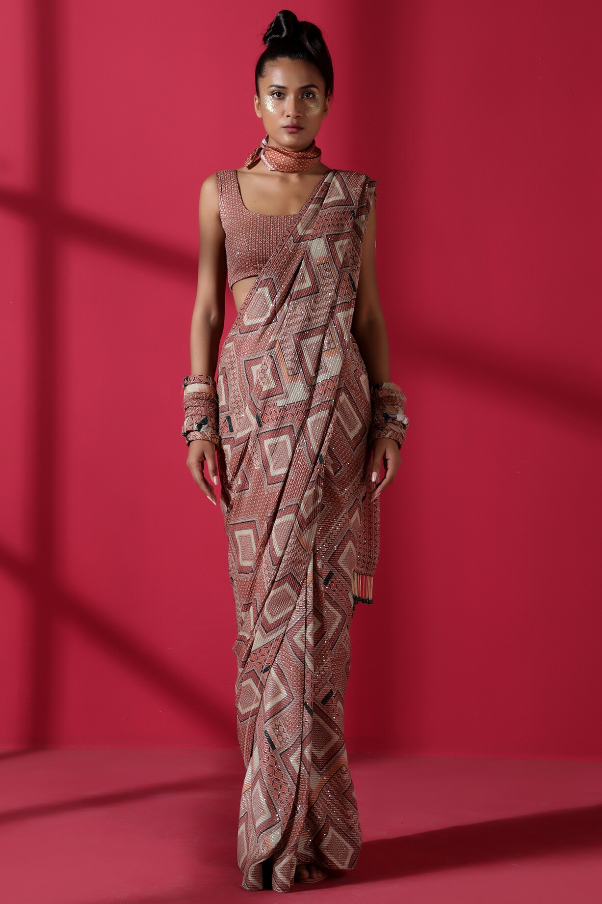 Terracotta Red Pre-Pleated Saree Set by Nikita Mhaisalkar at Pernia's ...