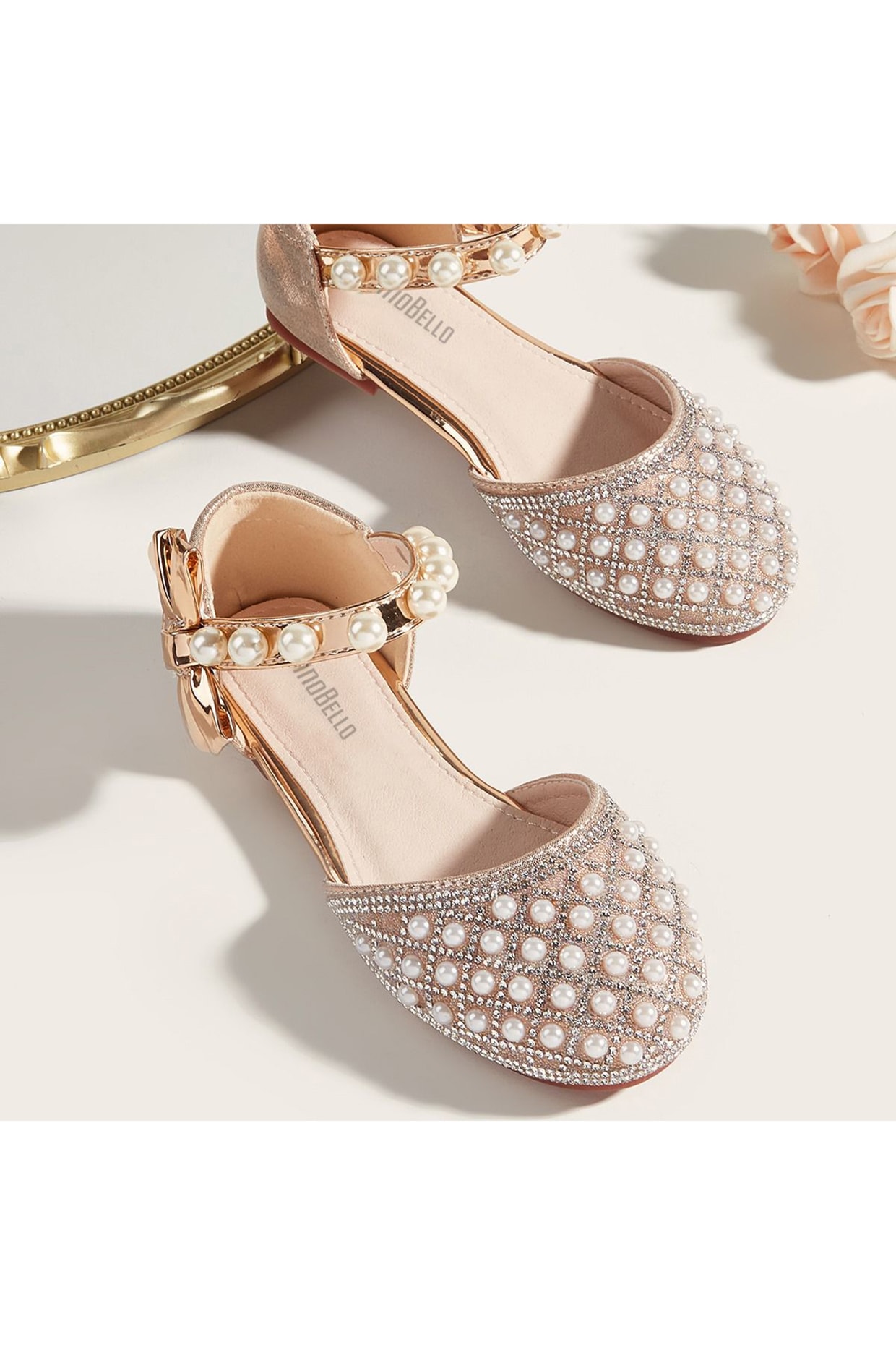 Peachy Gold PU Pearl Embroidered Bellies For Girls by Ninobello at ...