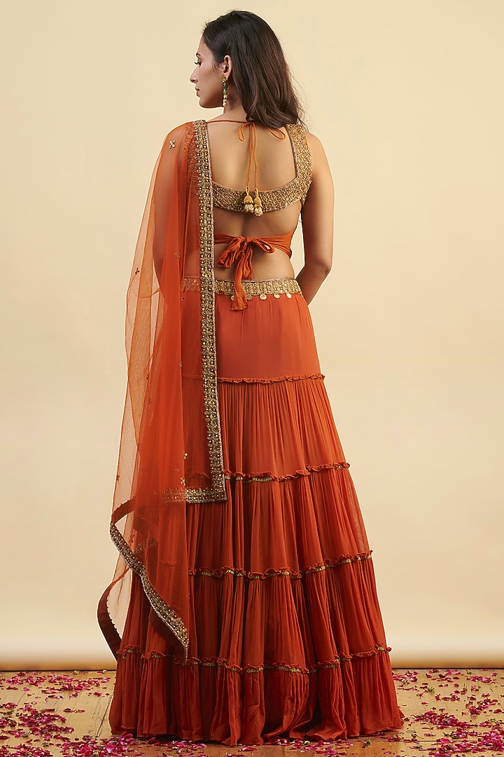Orange Rust Georgette Hand Embroidered Wedding Lehenga Set by Nishta ...