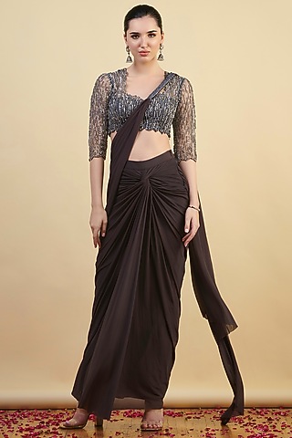 Black Net Hand Embroidered Gown Saree With Blouse by Nishta Studio at ...
