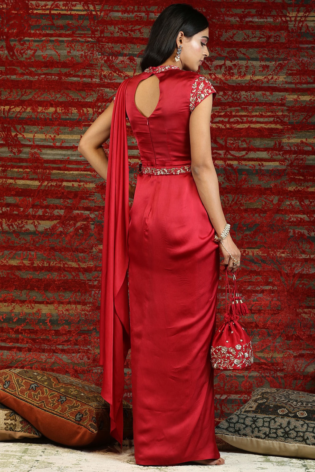 Ruby Red Floral Embroidered Pre-Stitched Saree Set by NITISHA at Pernia ...