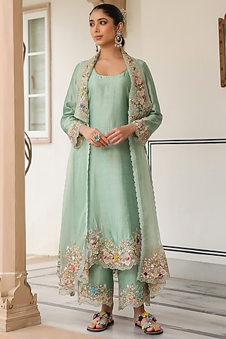 Green Silk Chanderi 3D Floral Embroidered Jacket Kurta Set by Niti ...