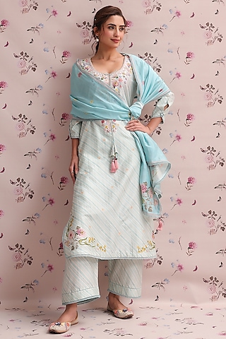 Light Blue Silk Chanderi Printed & Bead Embroidered Kurta Set by Niti ...