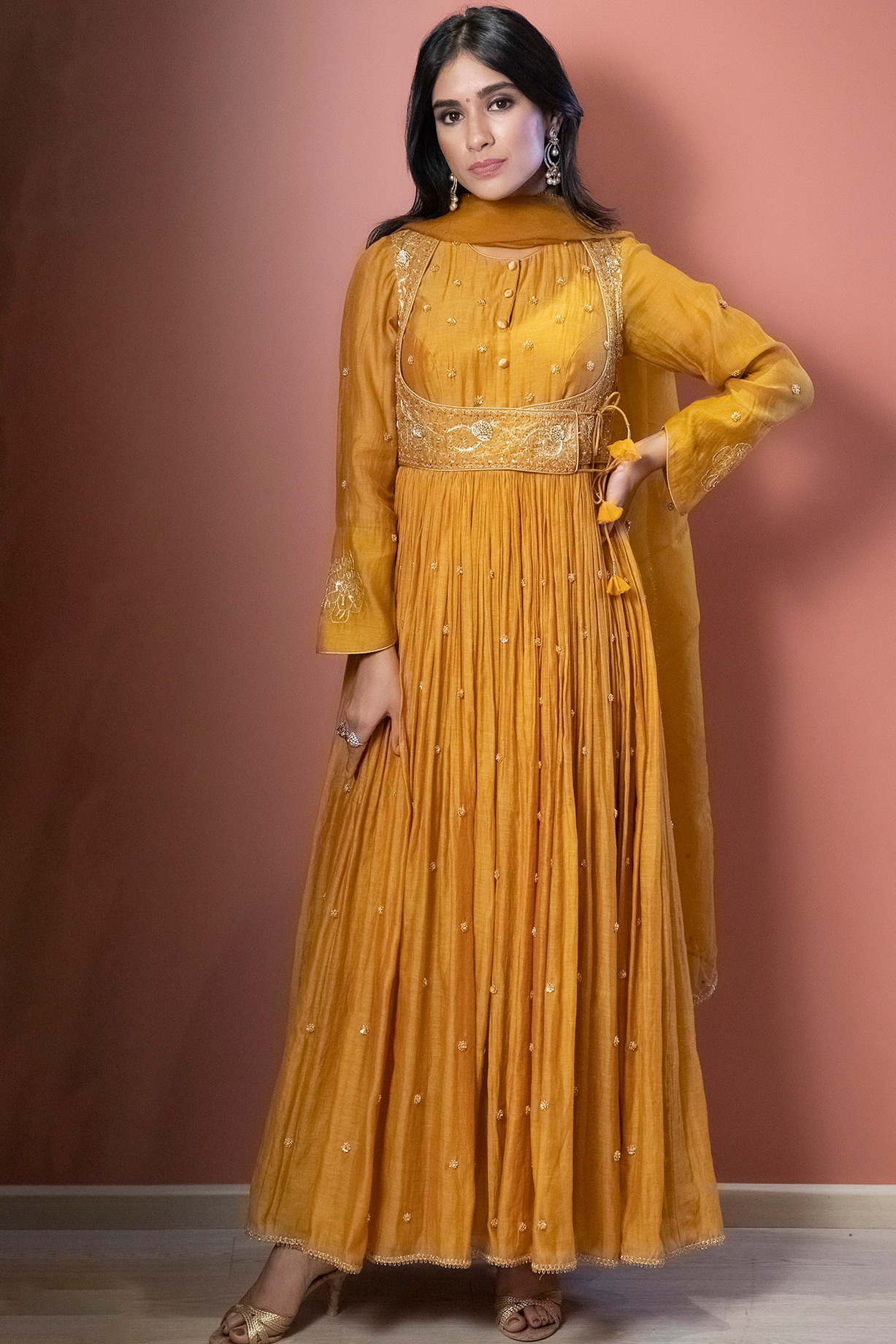 Mustard Yellow Embroidered Angrakha Anarkali Set by Niti Bothra at ...