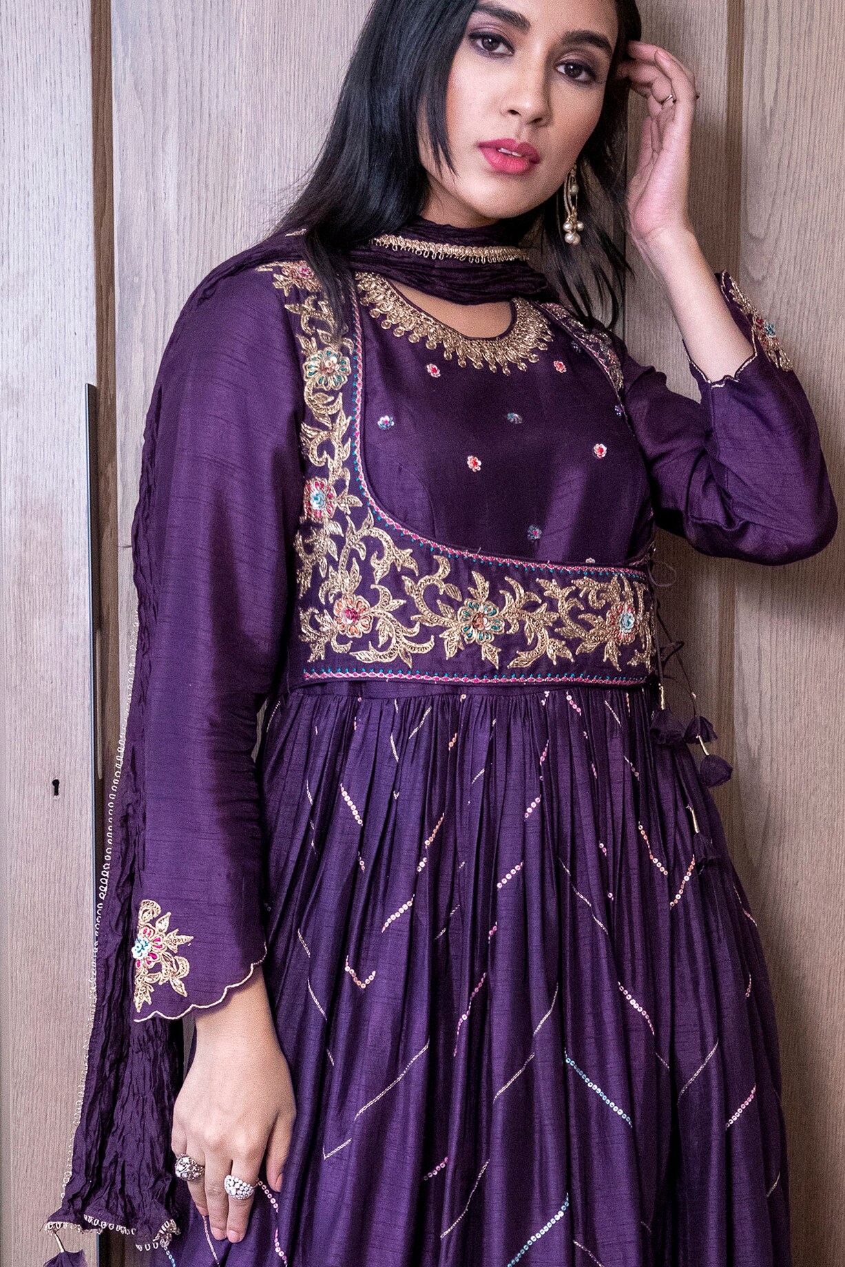 Purple Mughal Embroidered Angrakha Anarkali Set by Niti Bothra at ...