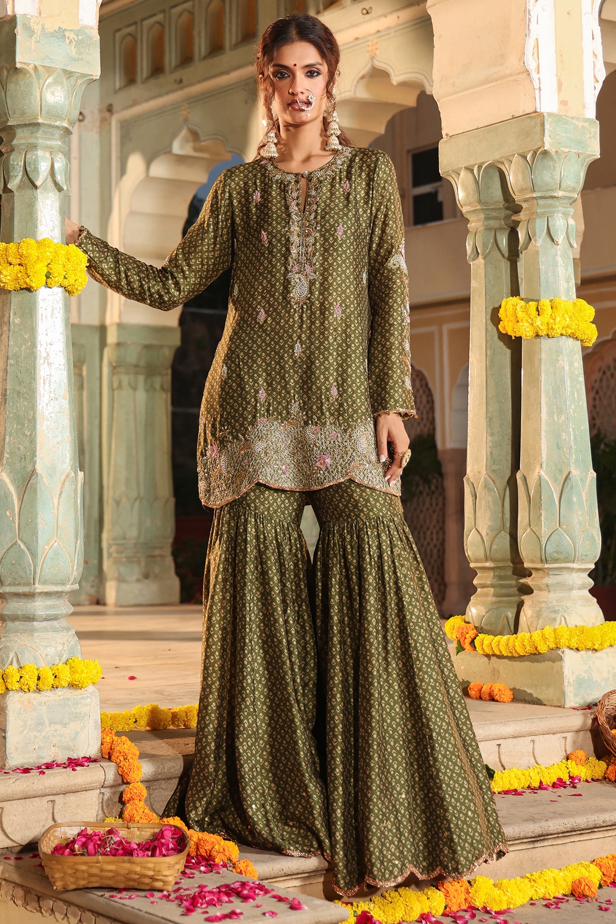 Olive Green Silk Printed Sharara Set by Niti Bothra at Pernia's Pop Up ...