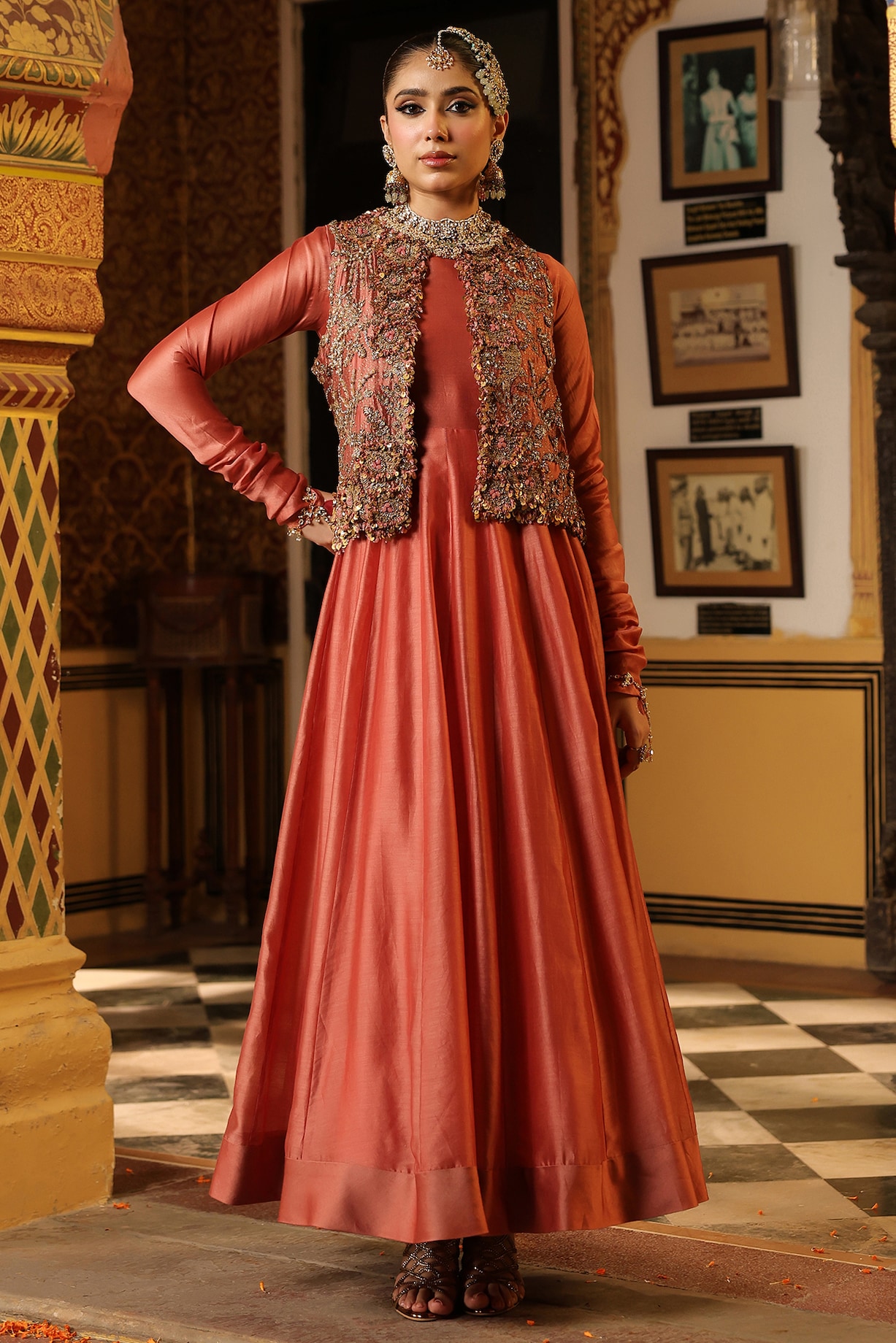 Rose Pink Silk Chanderi Flared Wedding Anarkali Set by Niti Bothra at ...