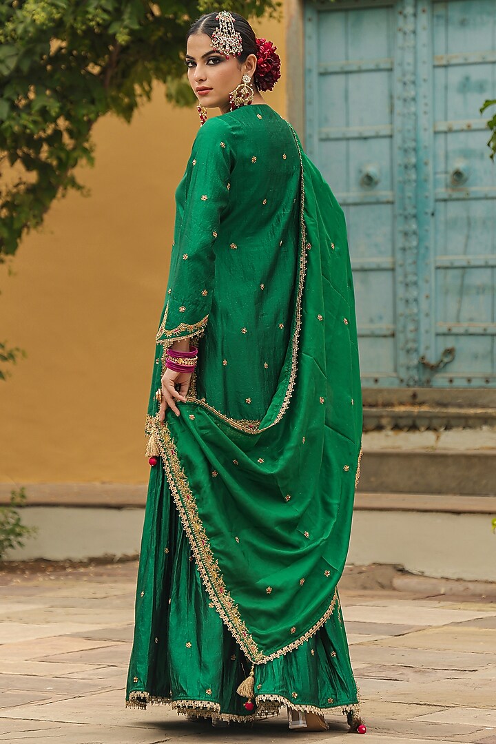 Green Pure Banarasi Spun Silk Boota Embroidered Sharara Set by Niti ...
