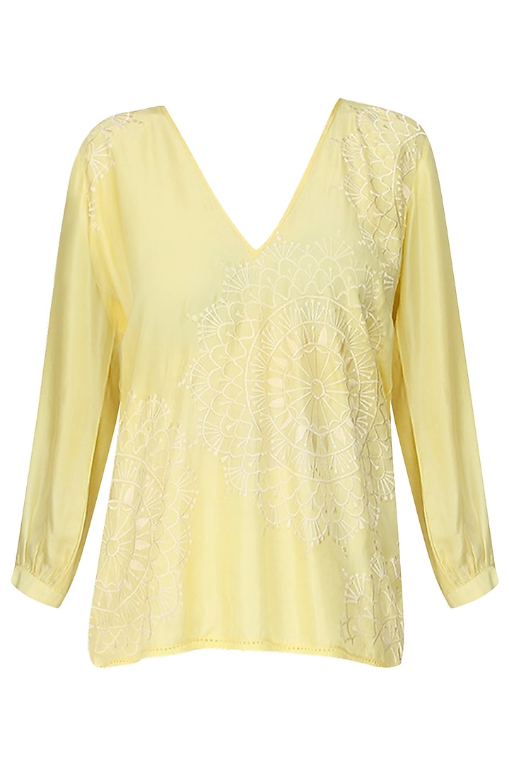 Lemon and ivory embroidered V neck top available only at Pernia's Pop ...