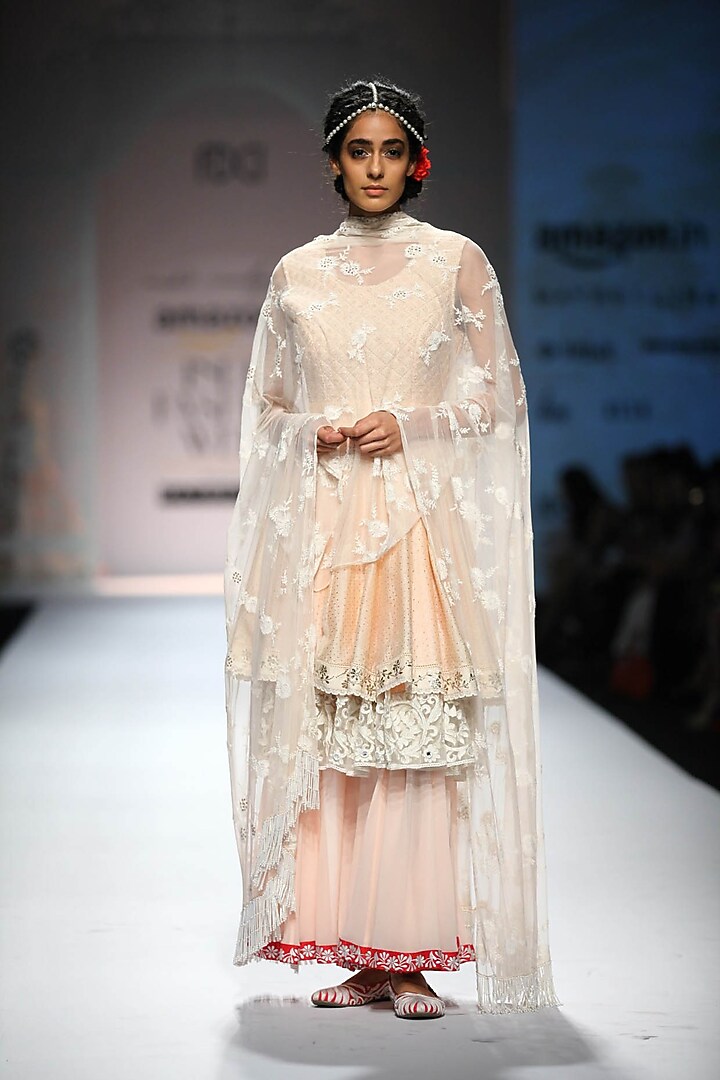 Rose mukaish and thread work short anarkali with flared trousers and ...